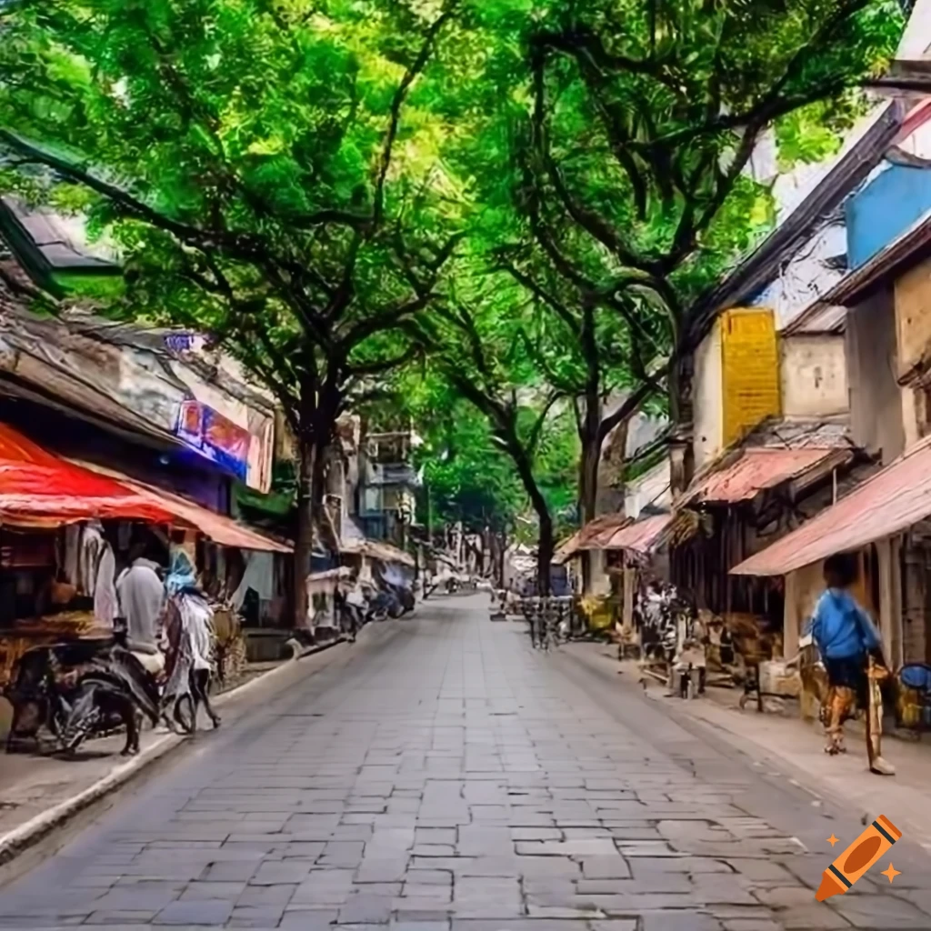 Pedestrianized commercial street in Vietnam with tube houses on Craiyon