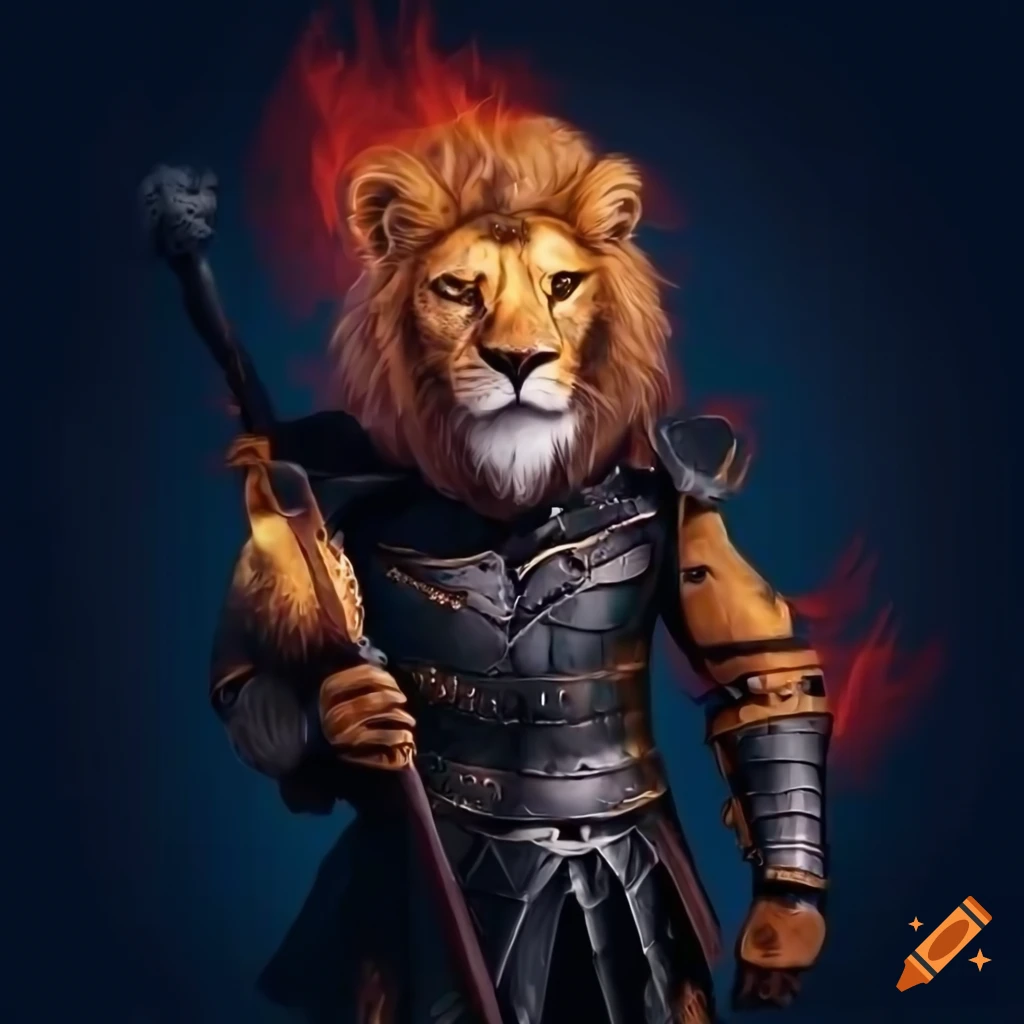 Illustration of a lion warrior with fiery mane and magical staff on Craiyon