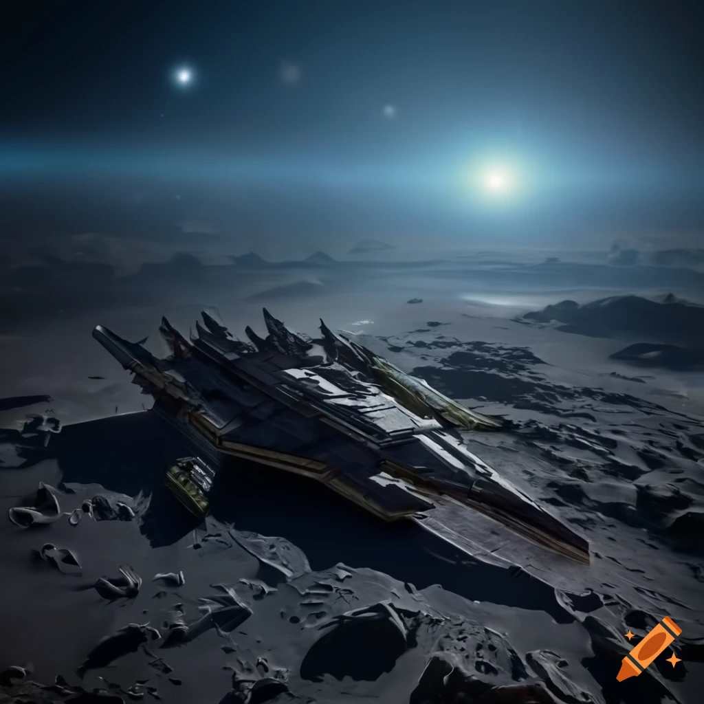 Photorealistic sci-fi spaceship in an alien landscape on Craiyon