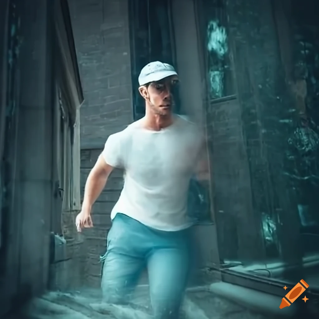 Man in white shirt and baseball cap running through glass window on Craiyon