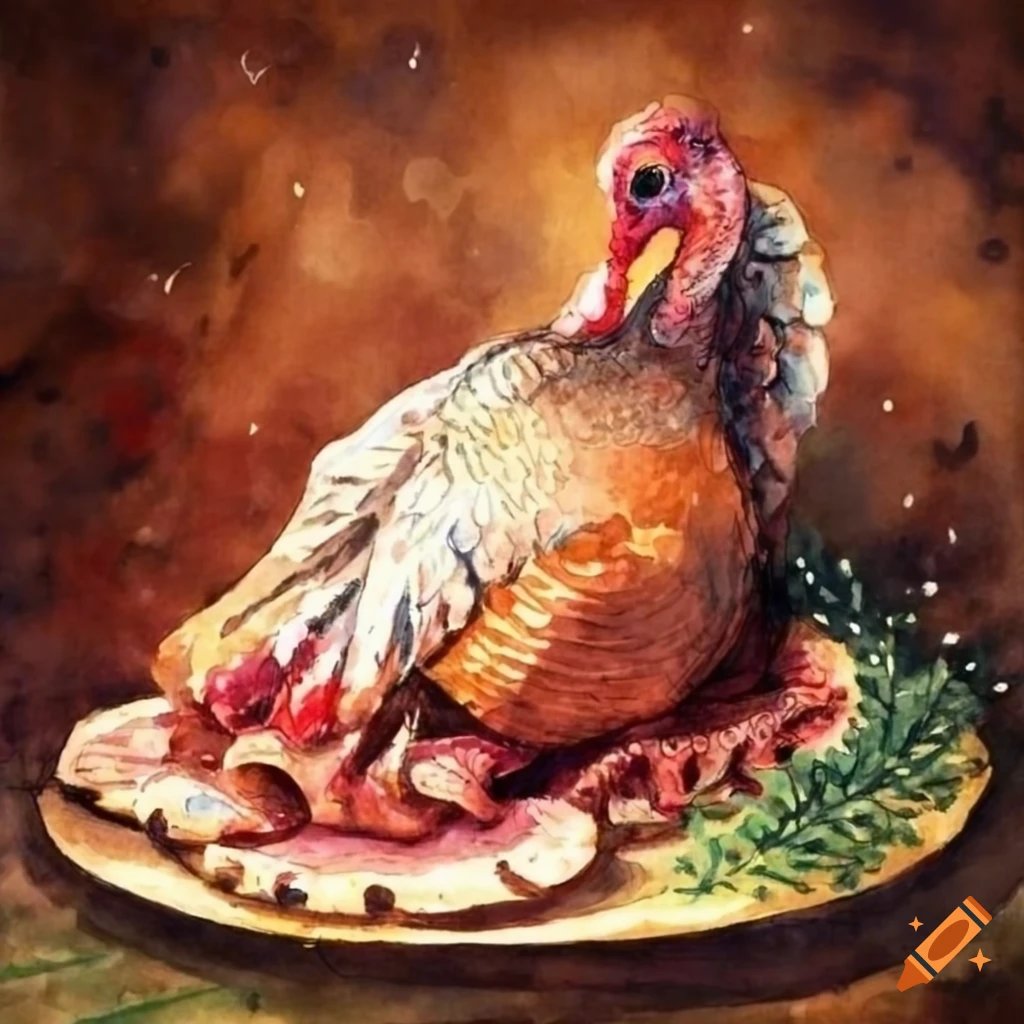 Victorian Christmas card with a turkey eating ham on Craiyon