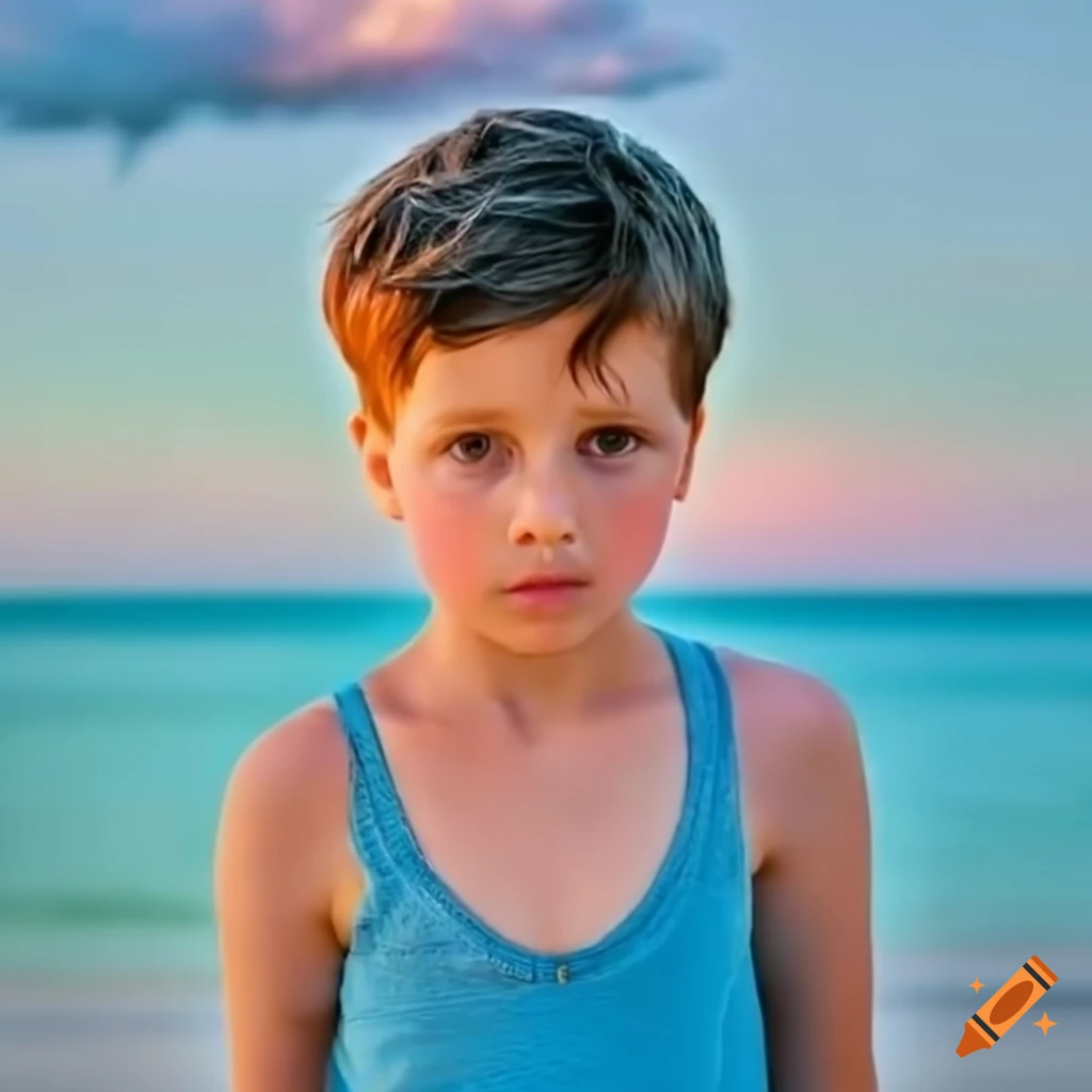 Boy standing at the beach in blue shorts
