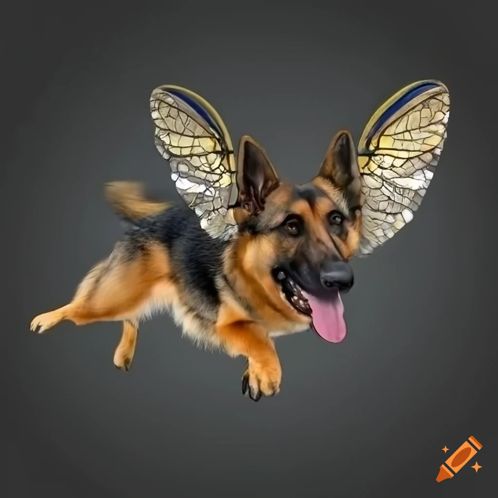 German shepherd with dragonfly wings flying