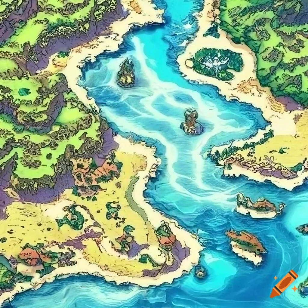 Colorful and detailed fantasy map on Craiyon