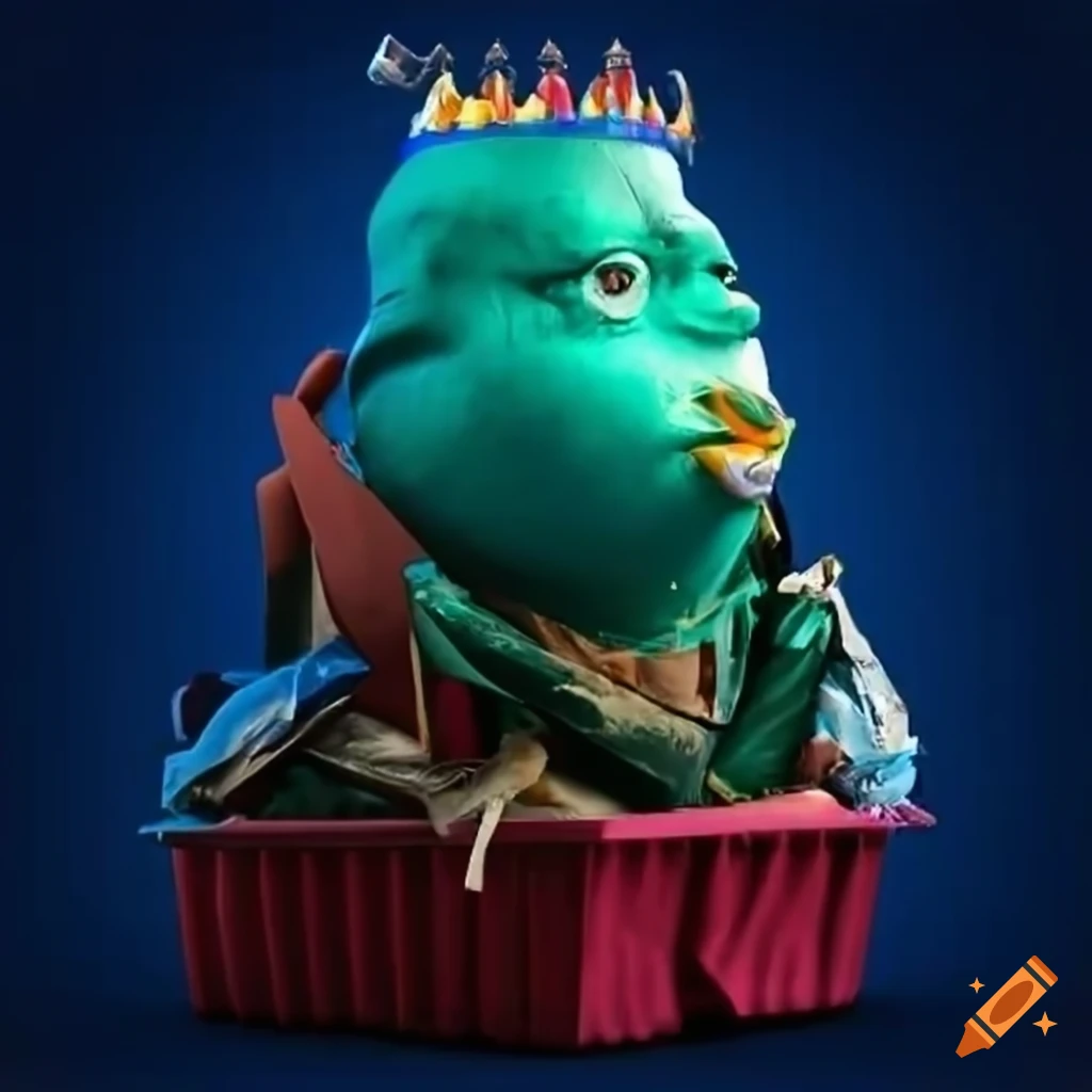 Satirical artwork of a trash king on a garbage pile on Craiyon