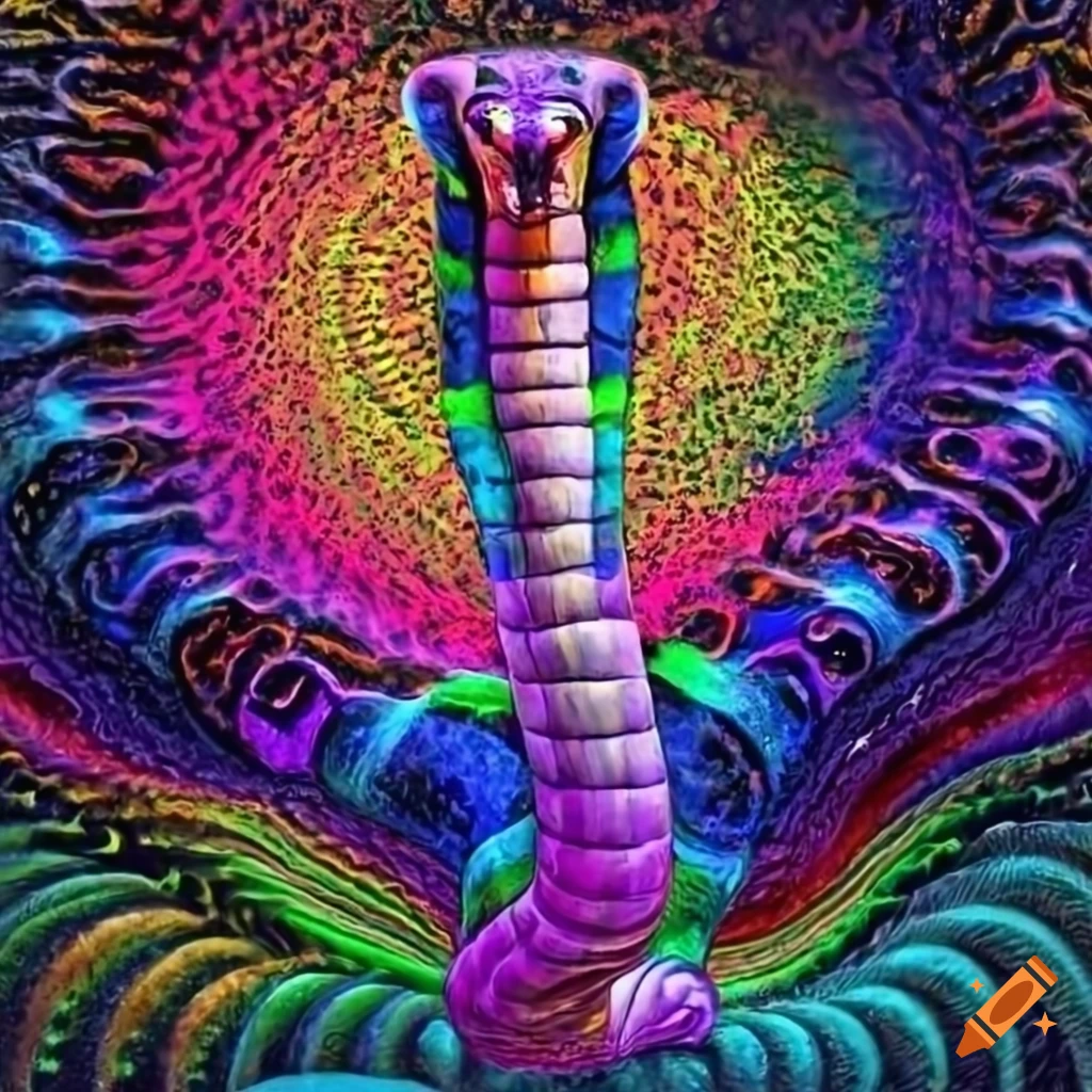 Colorful psychedelic cobra in a prehistoric cave on Craiyon