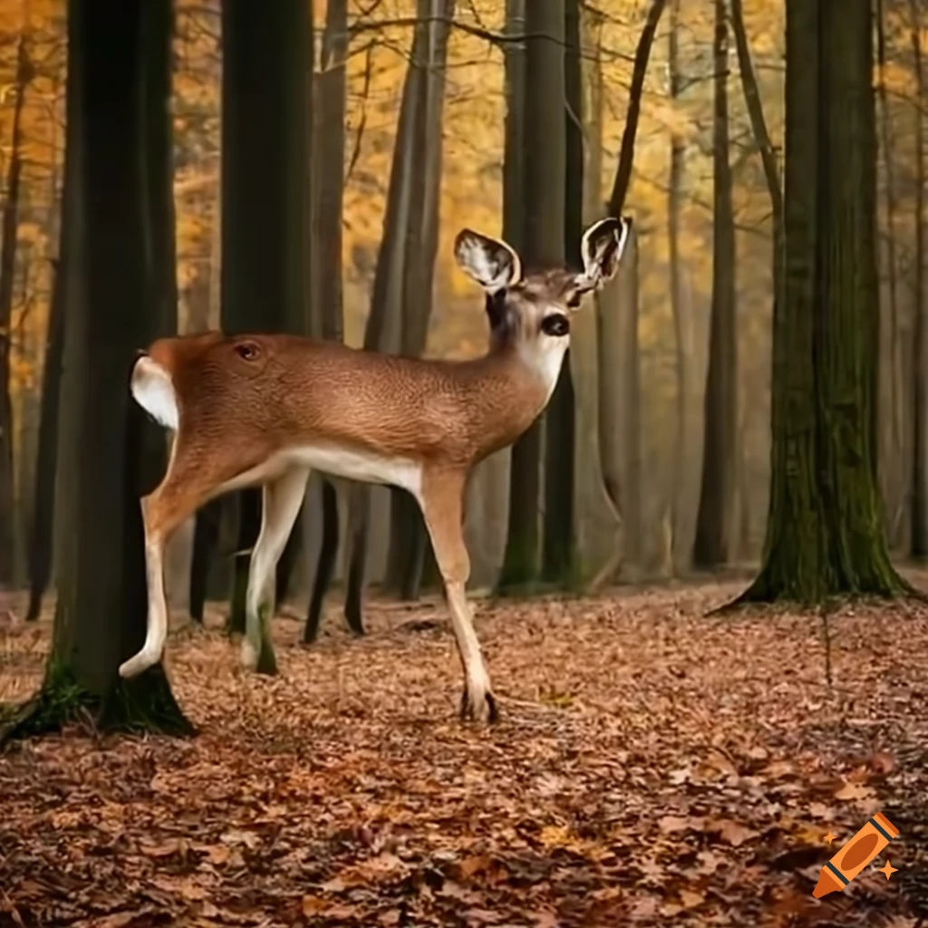 Realistic depiction of a deer with large antlers in a fall forest on ...