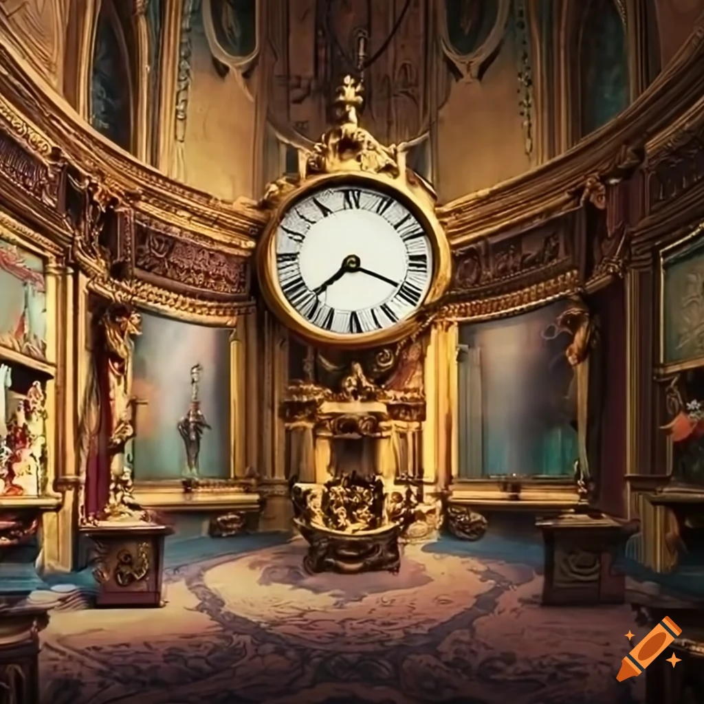 Renaissance-themed alice in wonderland clock exhibition on Craiyon