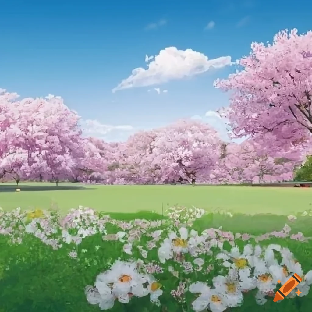 Spring landscape with cherry blossom tree on Craiyon