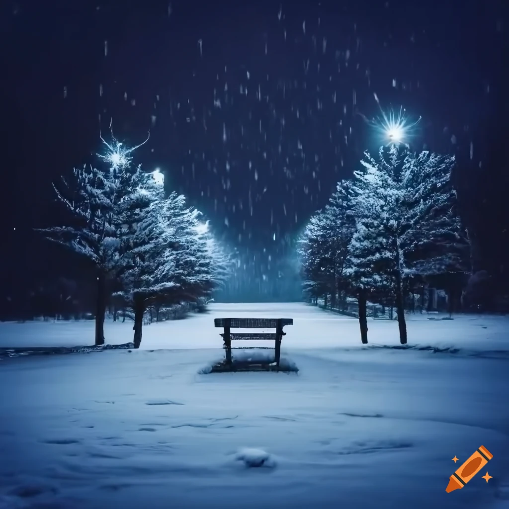 Snow storm in a park at night