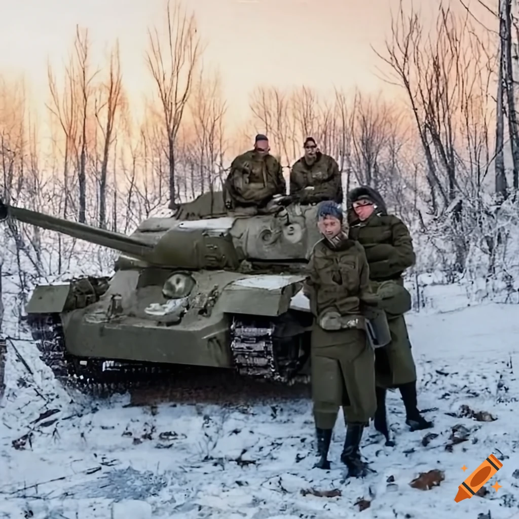 Soviet tank crew in uniforms on a snowy battlefield on Craiyon