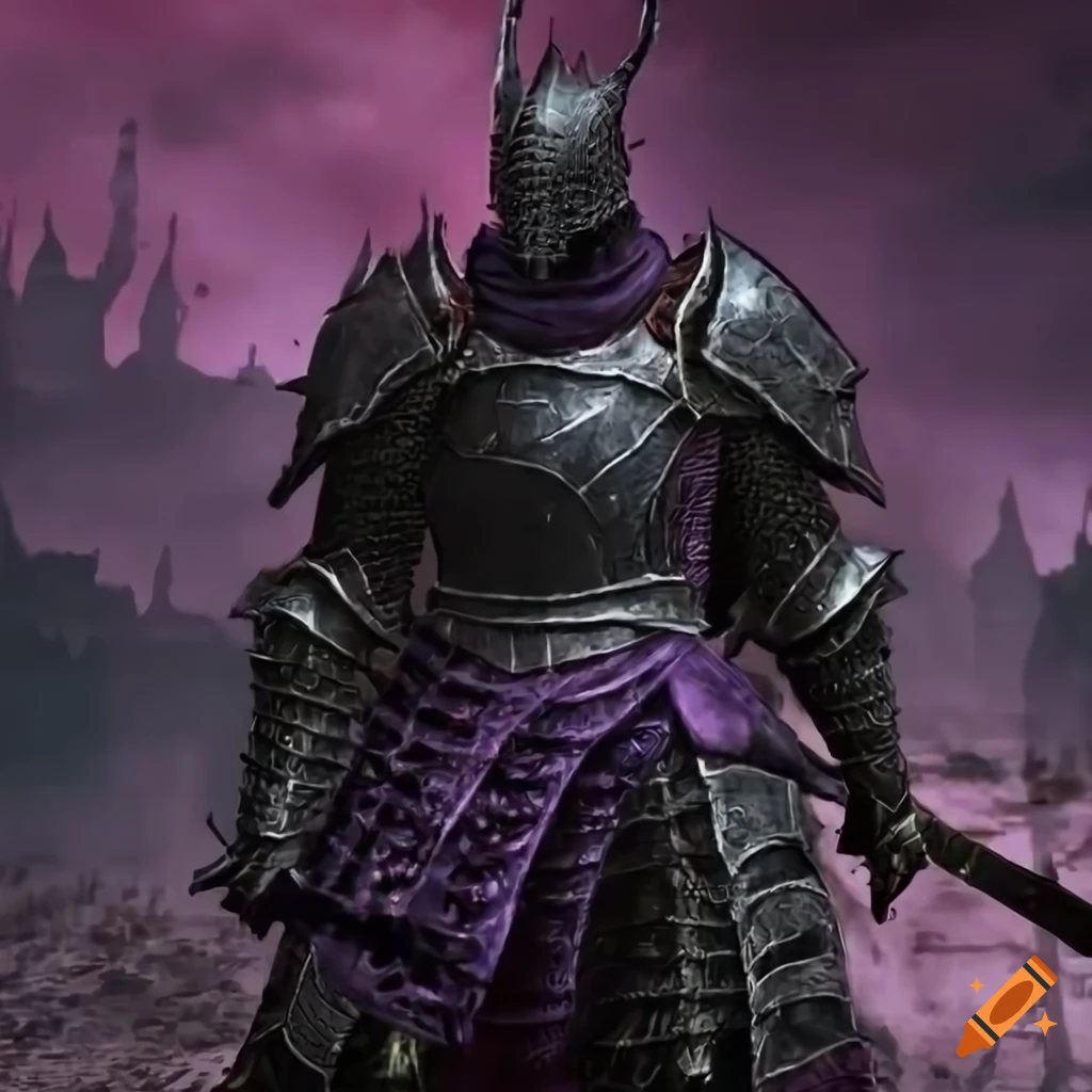 Dark souls knight in purple armor on battlefield on Craiyon