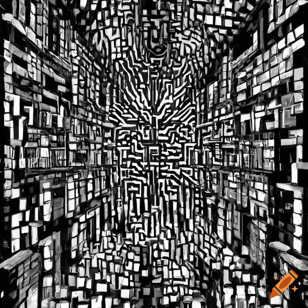Intricate black and white mosaic artwork of a crowded maze