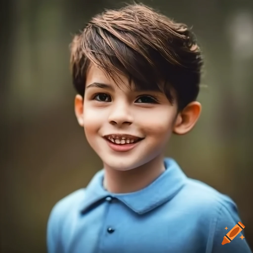 Smiling boy in blue polo shirt in the forest on Craiyon