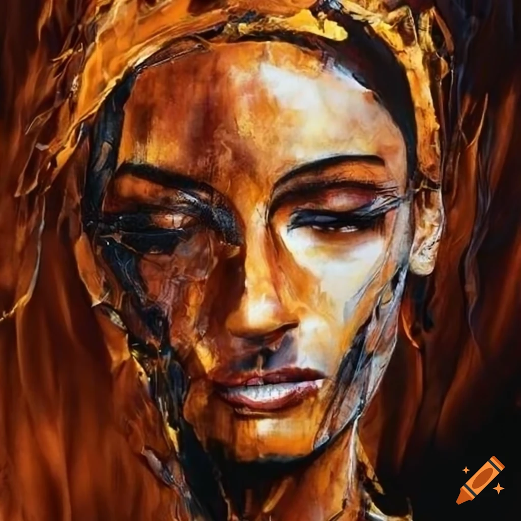 Geometric brown face painting with fire and water elements