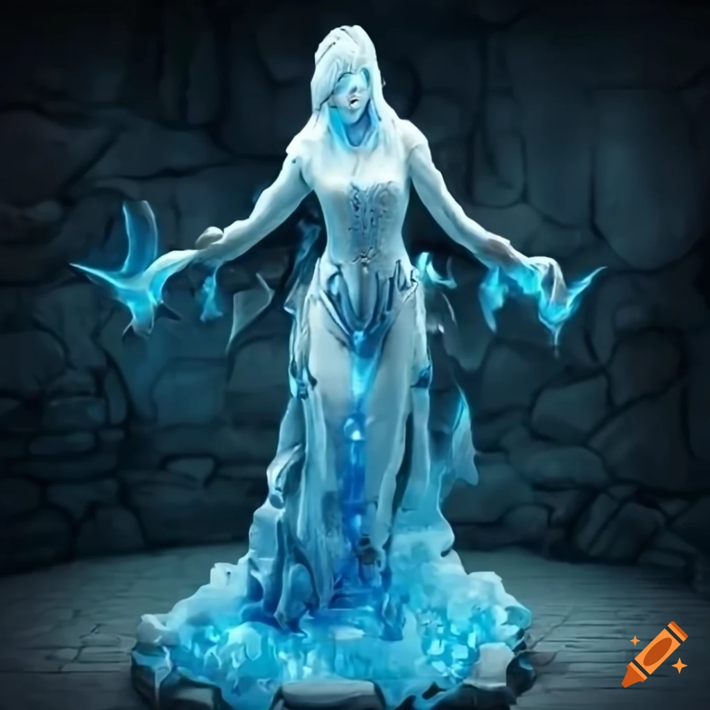 Statue of a female ice mage in a dungeon room on Craiyon