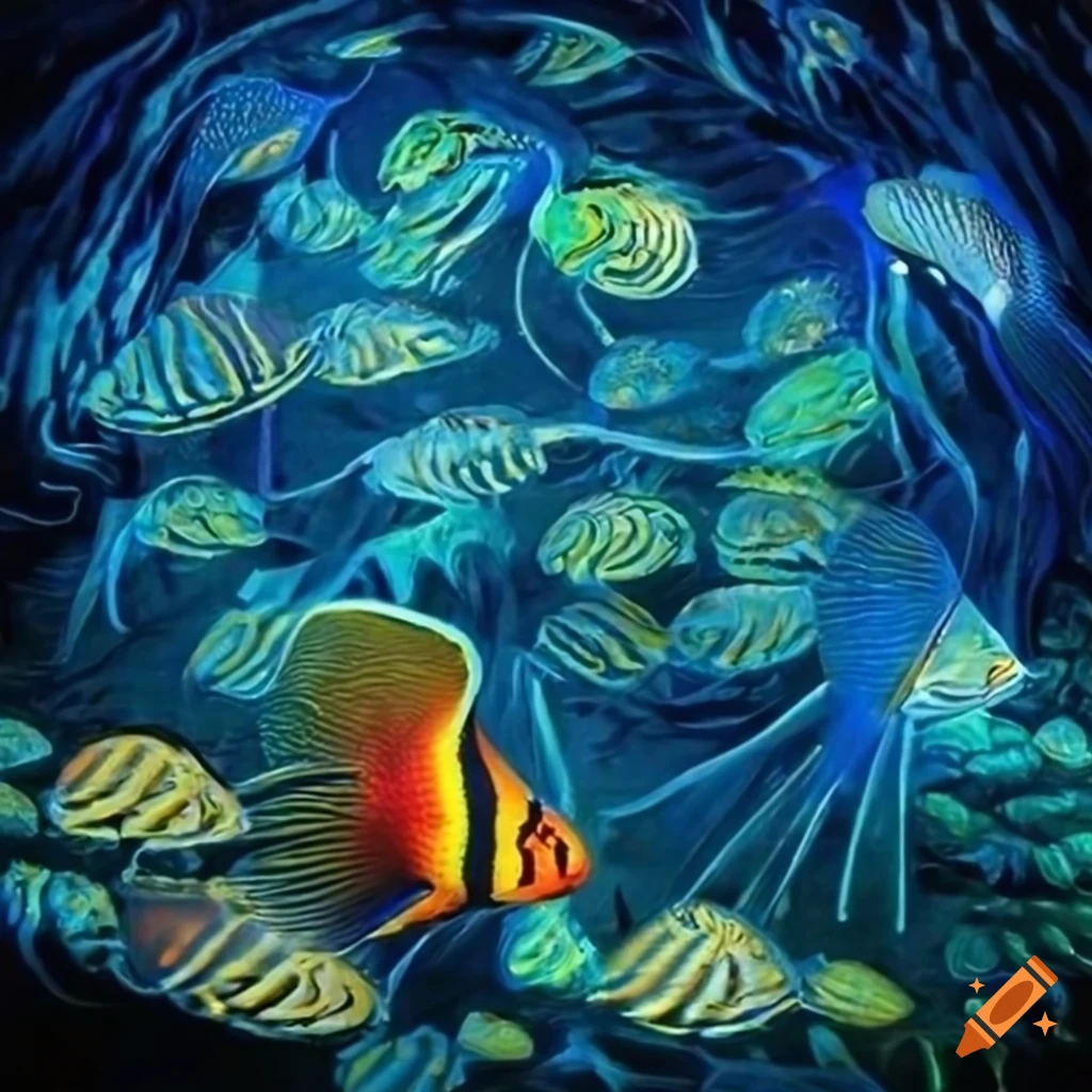 Van gogh's painting of neon angelfish swimming