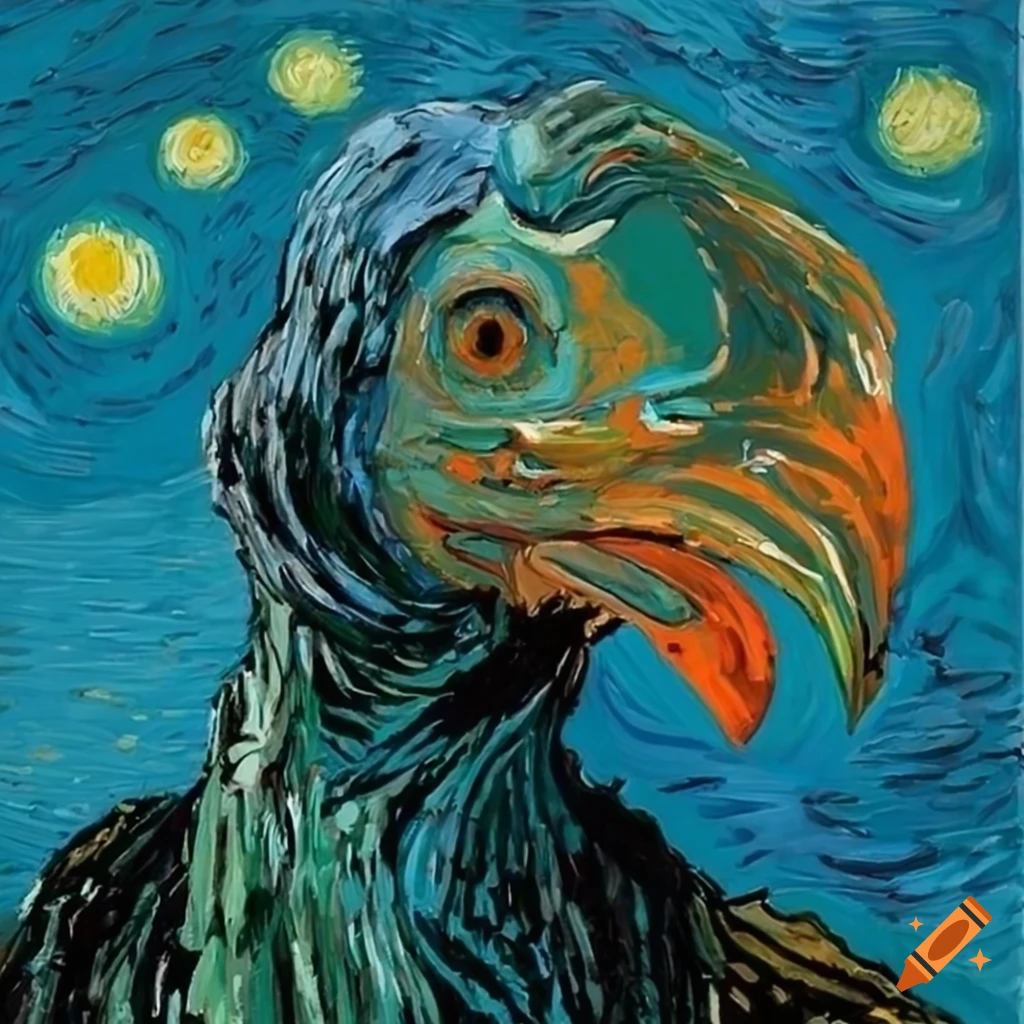 Van gogh-style portrait of an oviraptor on Craiyon
