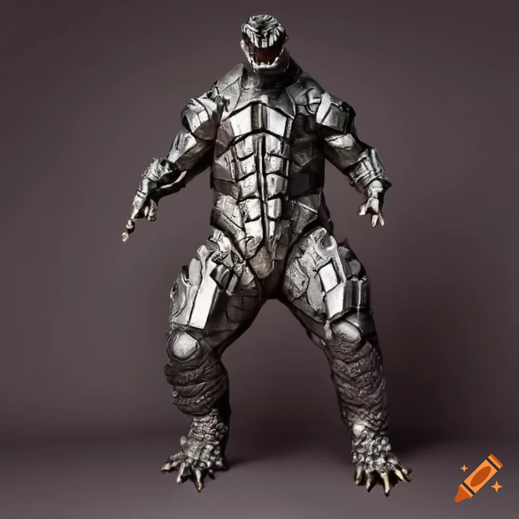 Artwork of heavily armored metallic godzilla on Craiyon