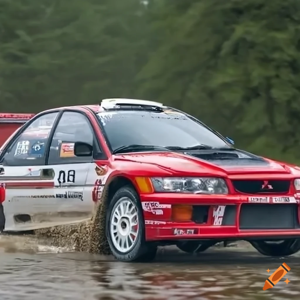 Mitsubishi evo rally car on wet stage