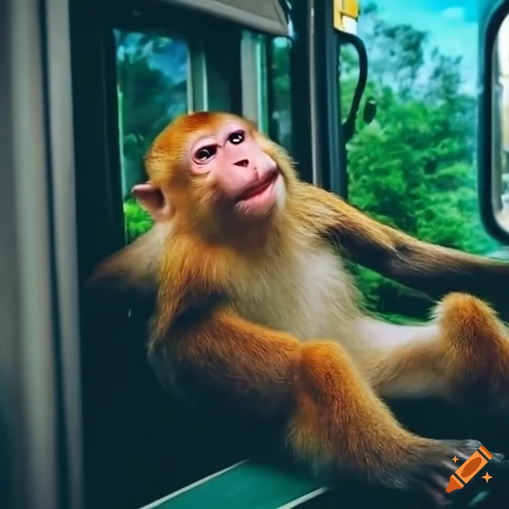Funny monkey riding on a public transportation vehicle on Craiyon