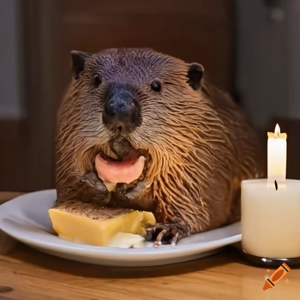 Cute canadian beaver enjoying a meal at a table on Craiyon