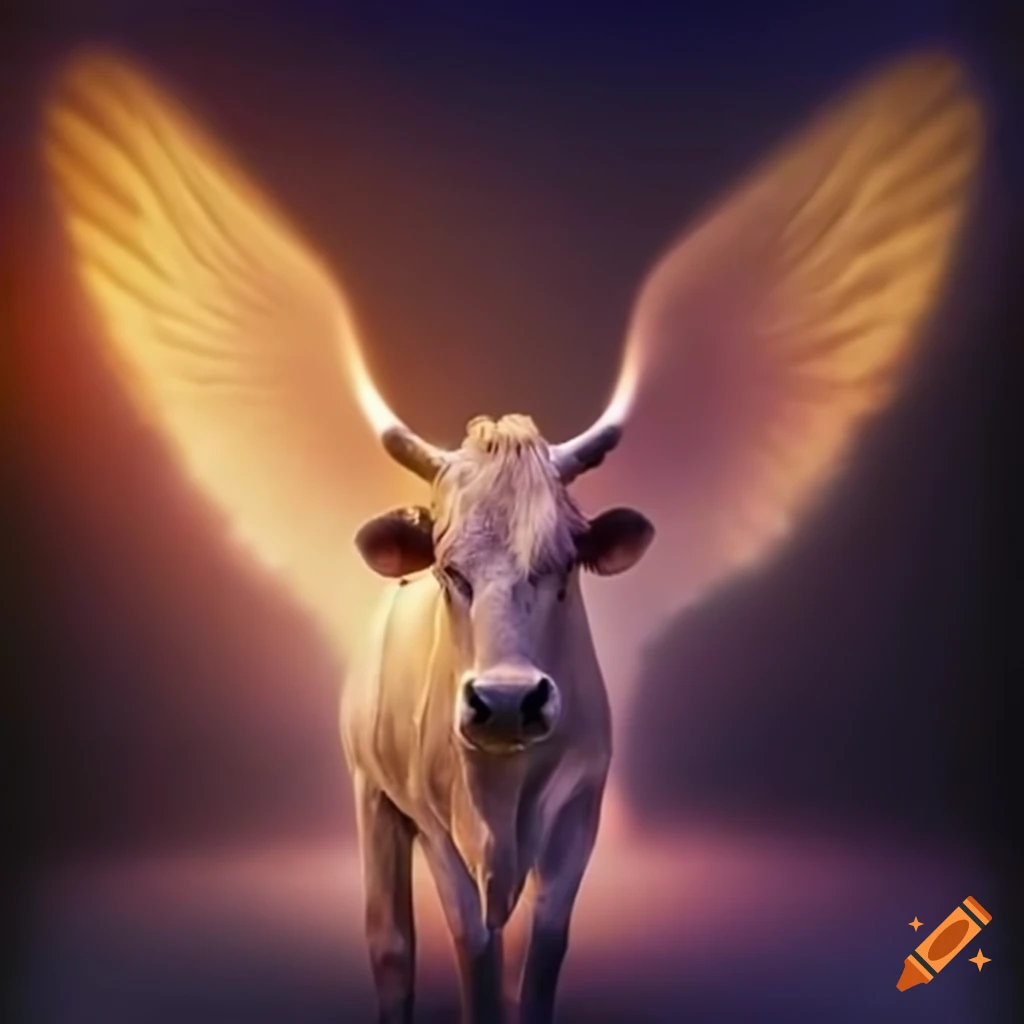 Digital art of an angelic cow with wings