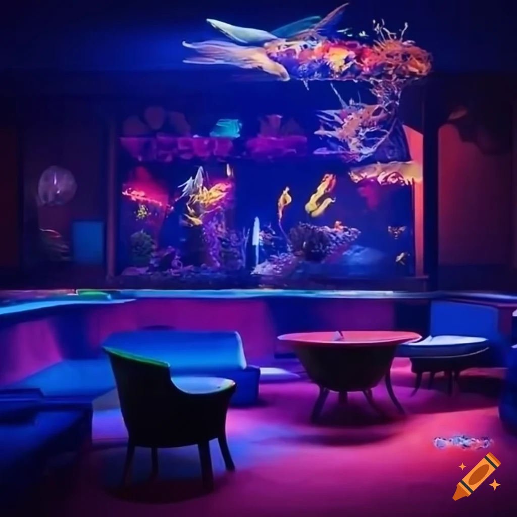 Neon lounge with aquarium full of fish