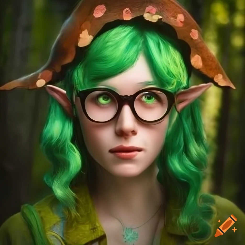 Photograph of a nonbinary forest elf with green hair in a beautiful ...