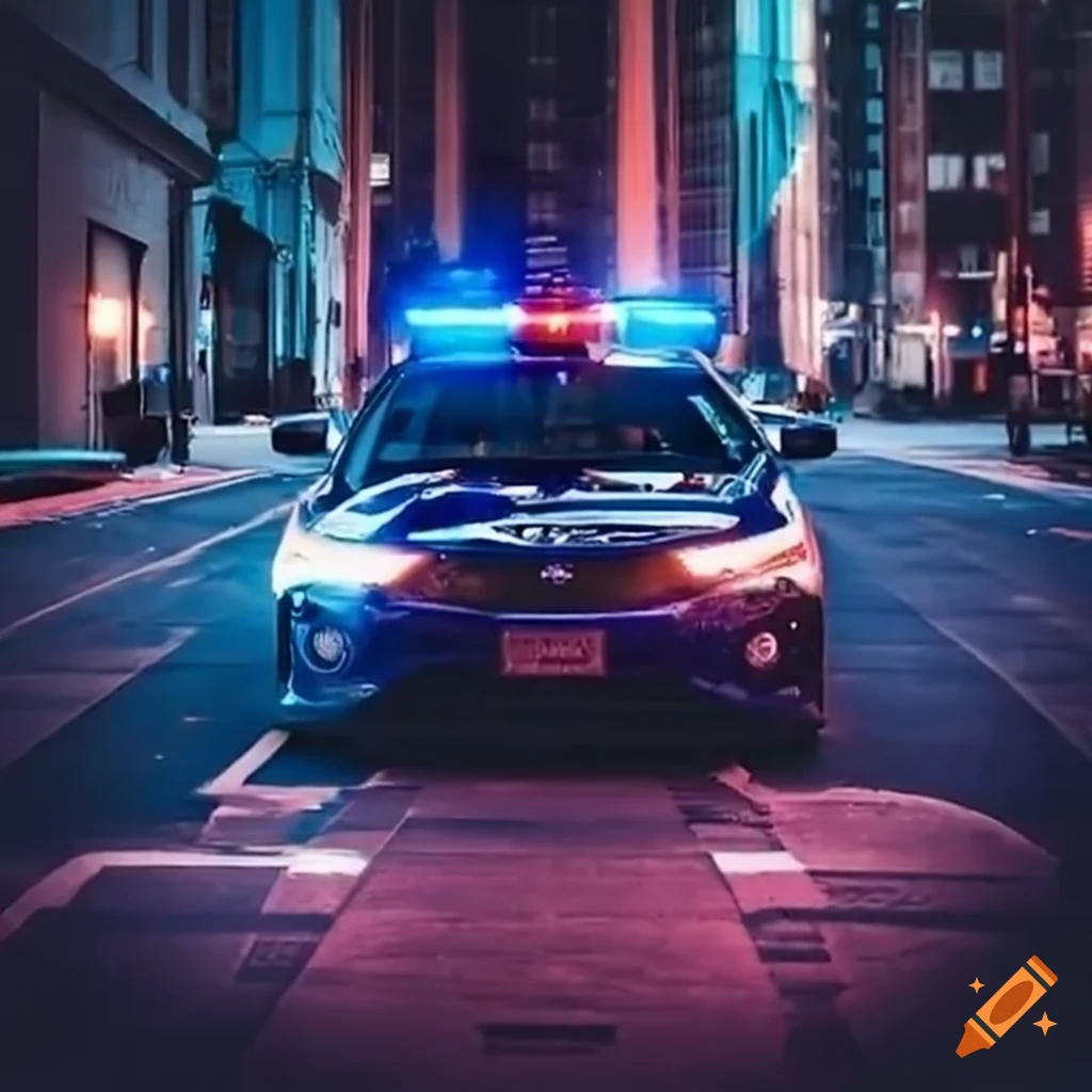 Police car racing through city streets