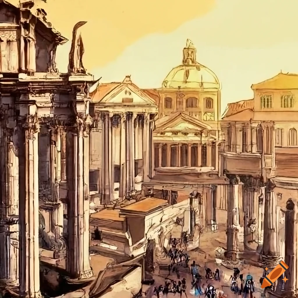 Overview of roman forum with people discussing