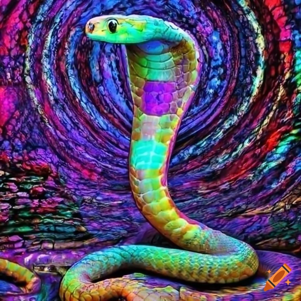 Psychedelic cosmic cobra in a colorful cave