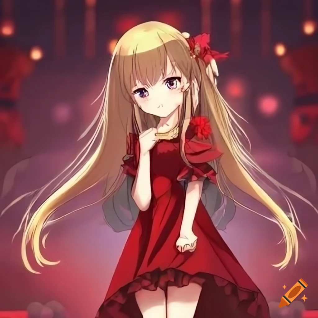 Anime girl in red dress on stage under spotlight