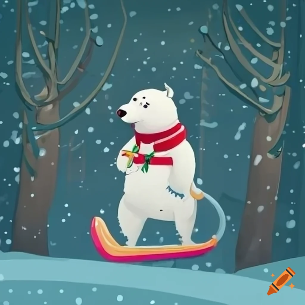 Cartoon art of a polar bear sledding in the snow