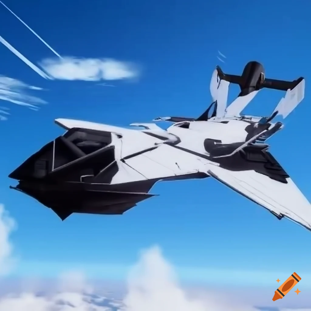 White-black sci-fi fighter plane in blue sky on Craiyon