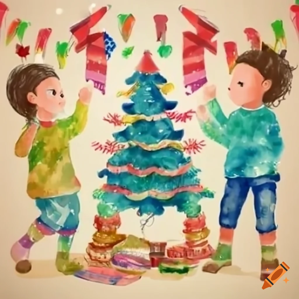 Children decorating a christmas tree with twinkle lights