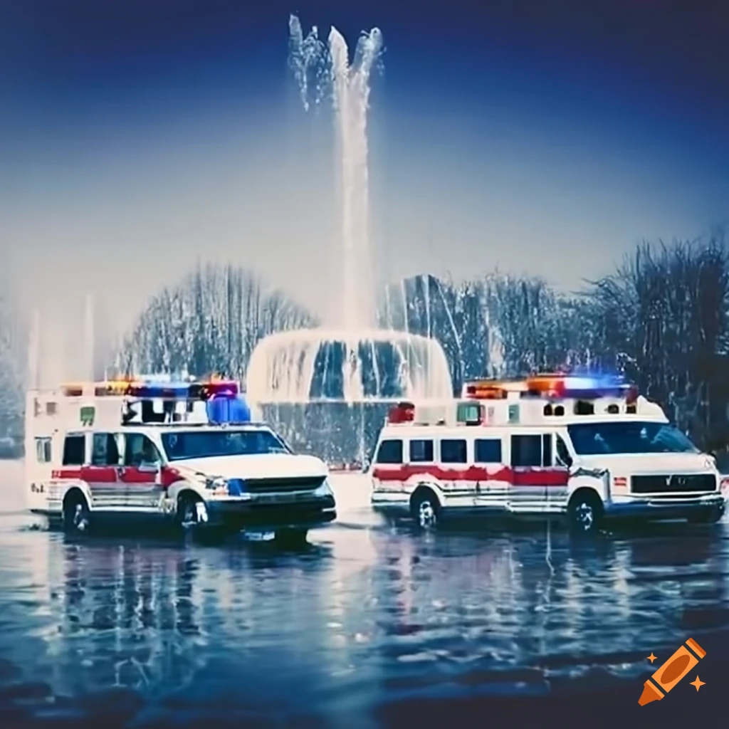 Emergency vehicles parked near a fountain