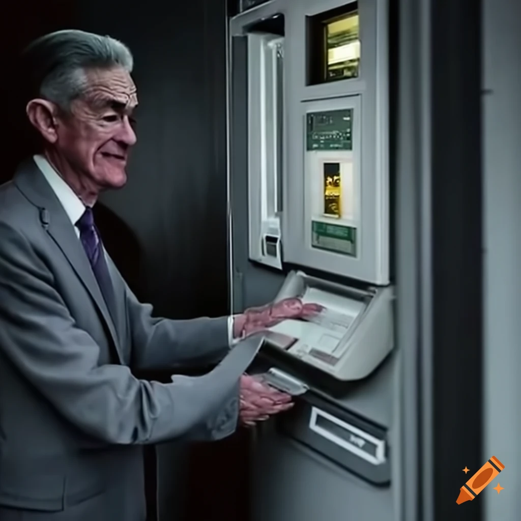 Jerome powell withdrawing money from an atm on Craiyon
