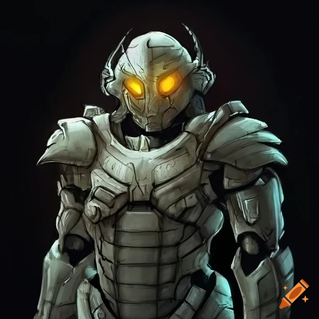 Sketch of advanced power armor with yellow glowing eyes on Craiyon