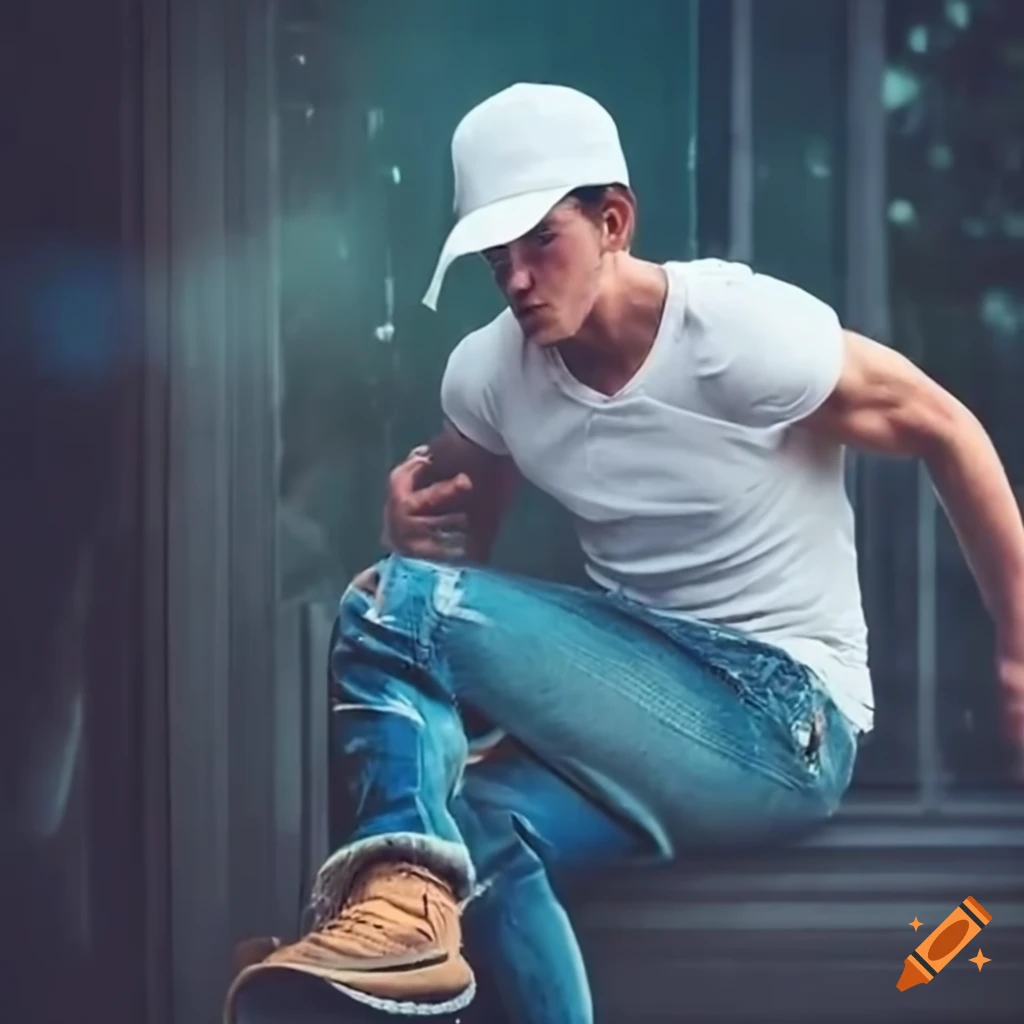 Man in white shirt and baseball cap running through glass window