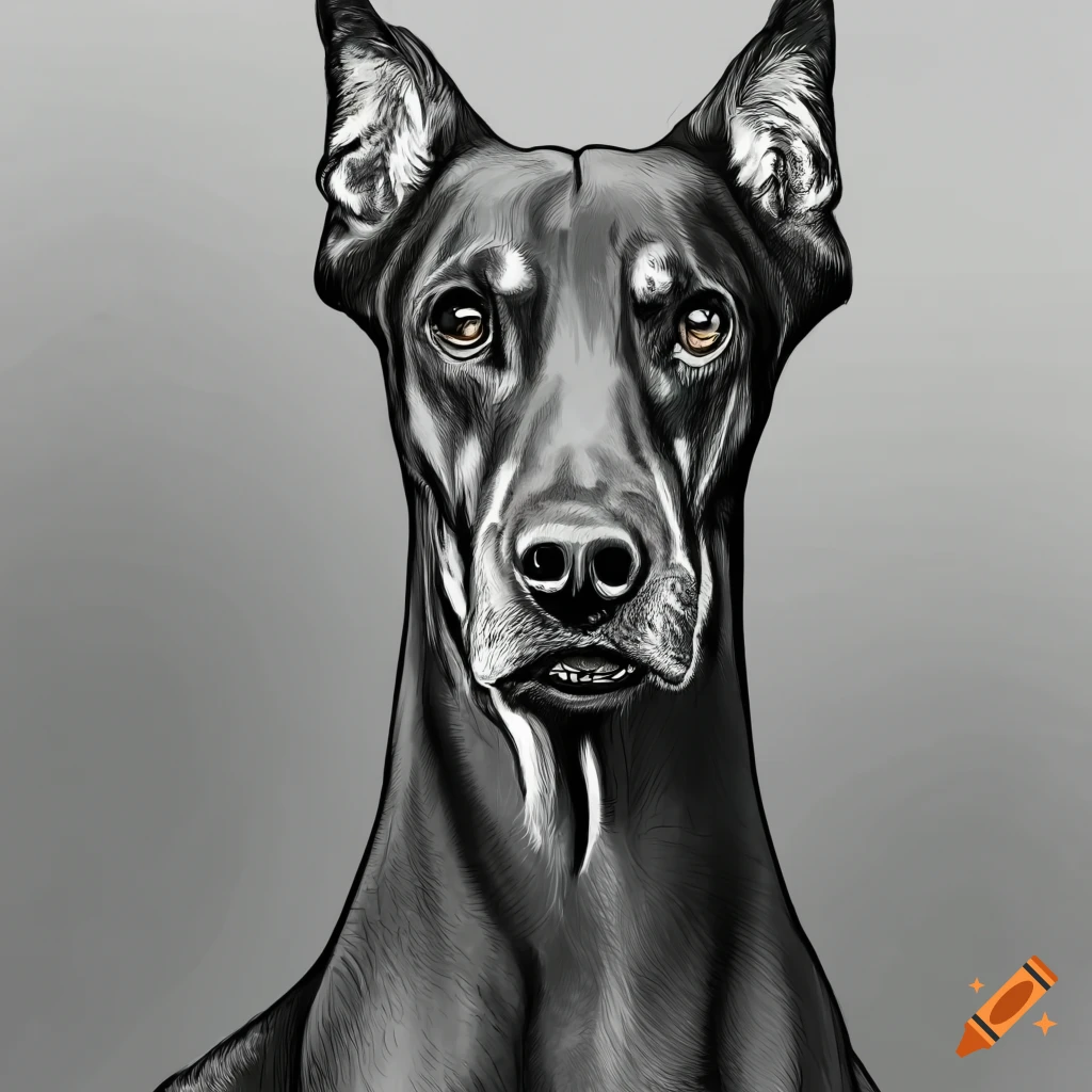 Realistic black and white line drawing of a doberman on Craiyon