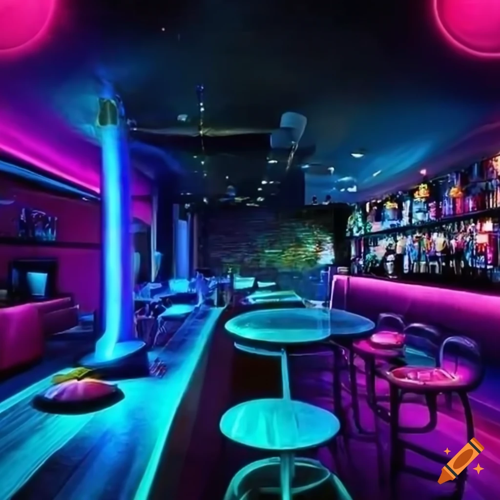 Neon-lit lounge with an aquarium