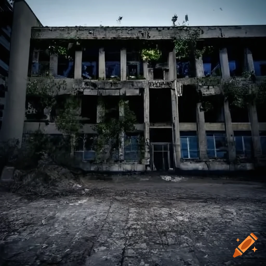 Abandoned police headquarters overgrown with vines on Craiyon