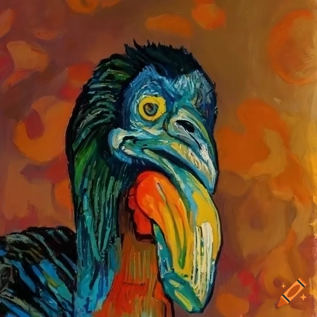 Van gogh-style portrait of an oviraptor