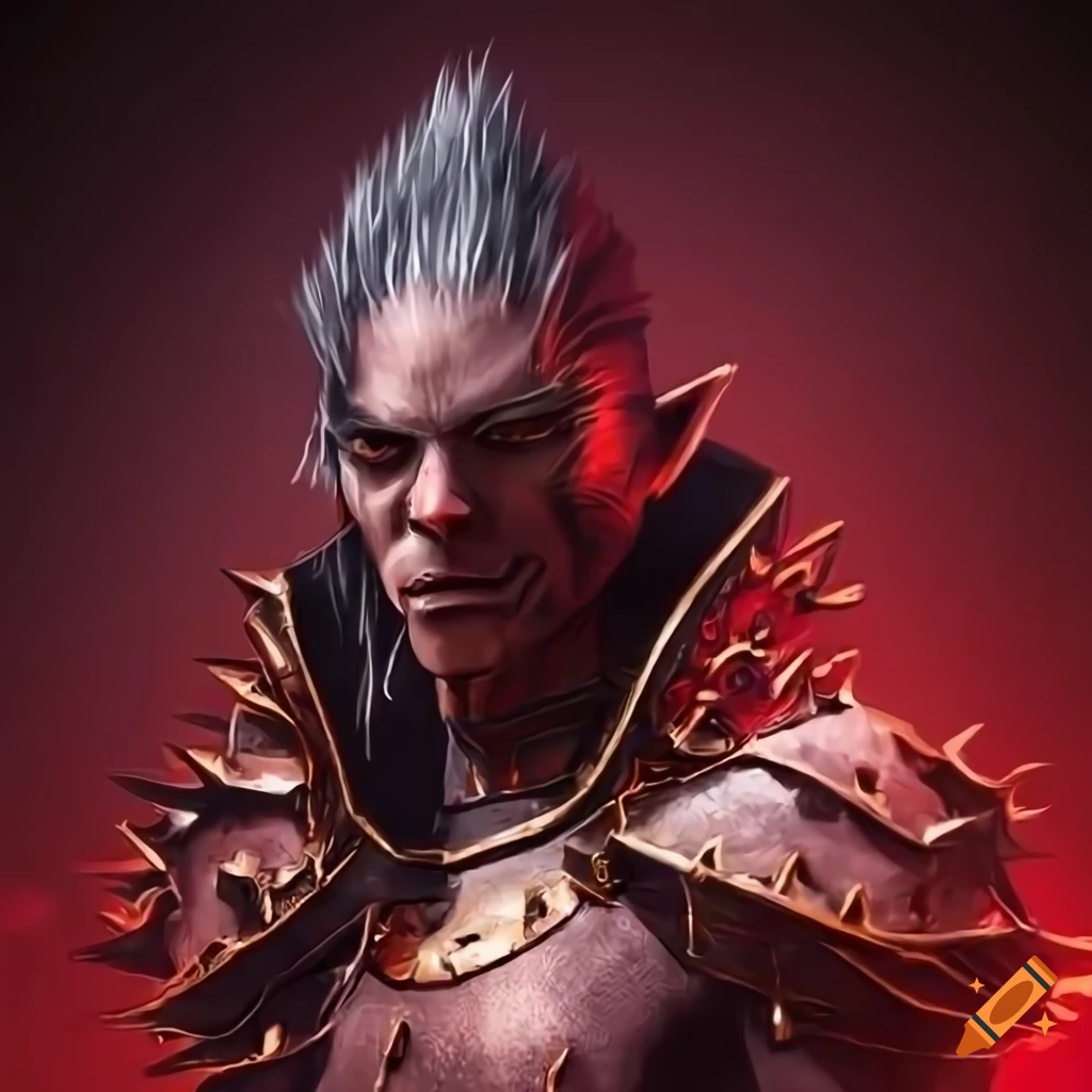 Close-up of a muscular armored warlock with black hair and intense gaze ...