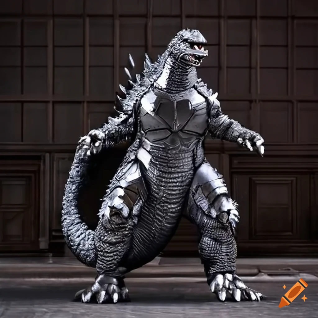 Image of a heavily armored metallic godzilla on Craiyon