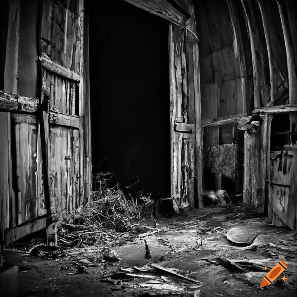 Creepy abandoned barn crime scene in black and white