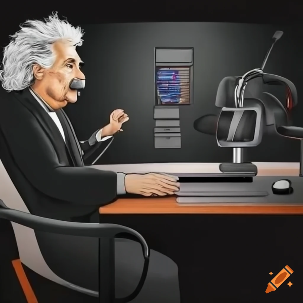 A caricature of Albert Einstein sitting on a gaming chair with a desk ...
