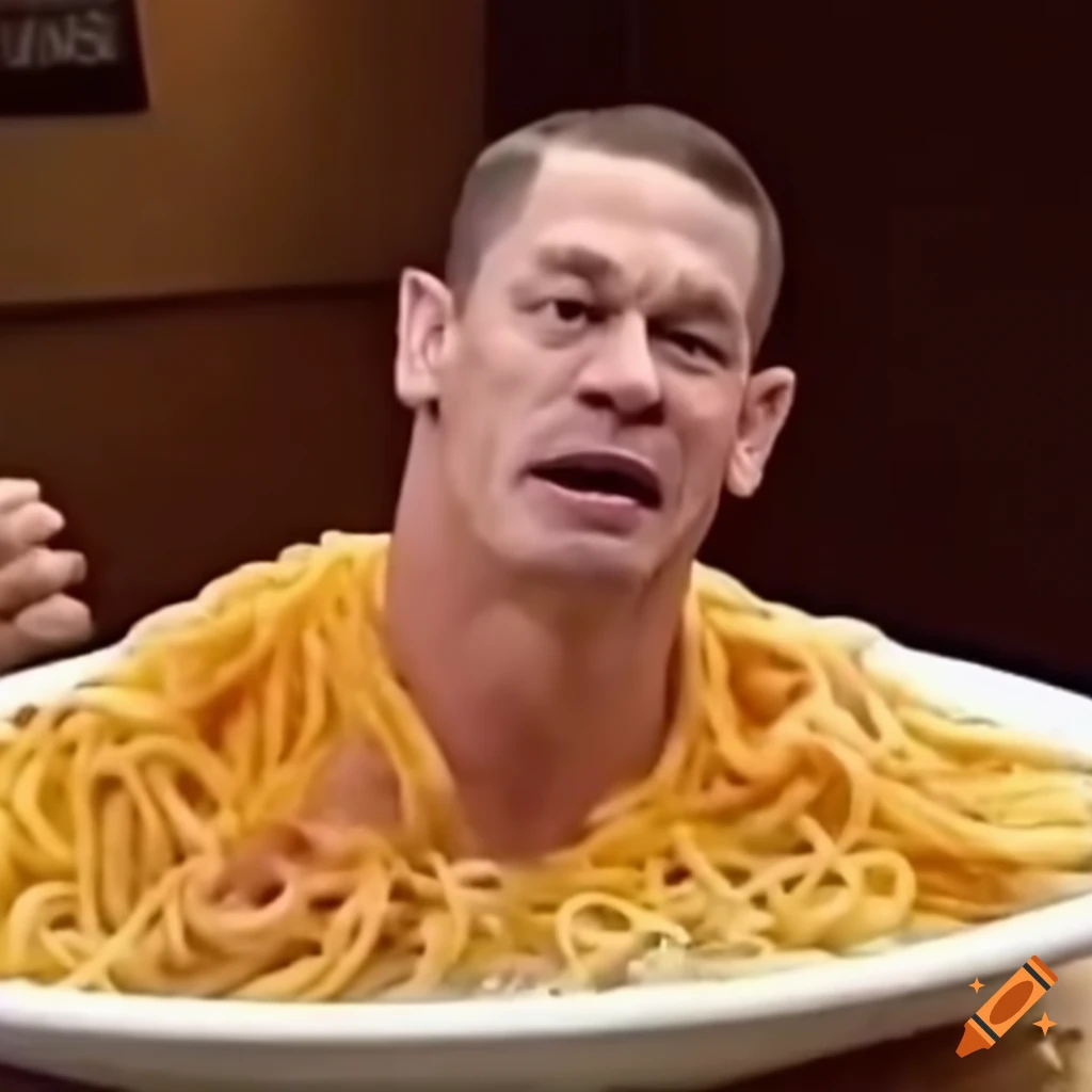 John cena crying in front of a bowl of pasta with his goblin friend