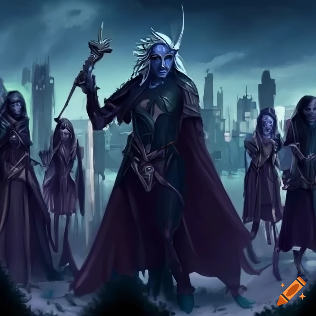 Drow elves standing in a cityscape on Craiyon